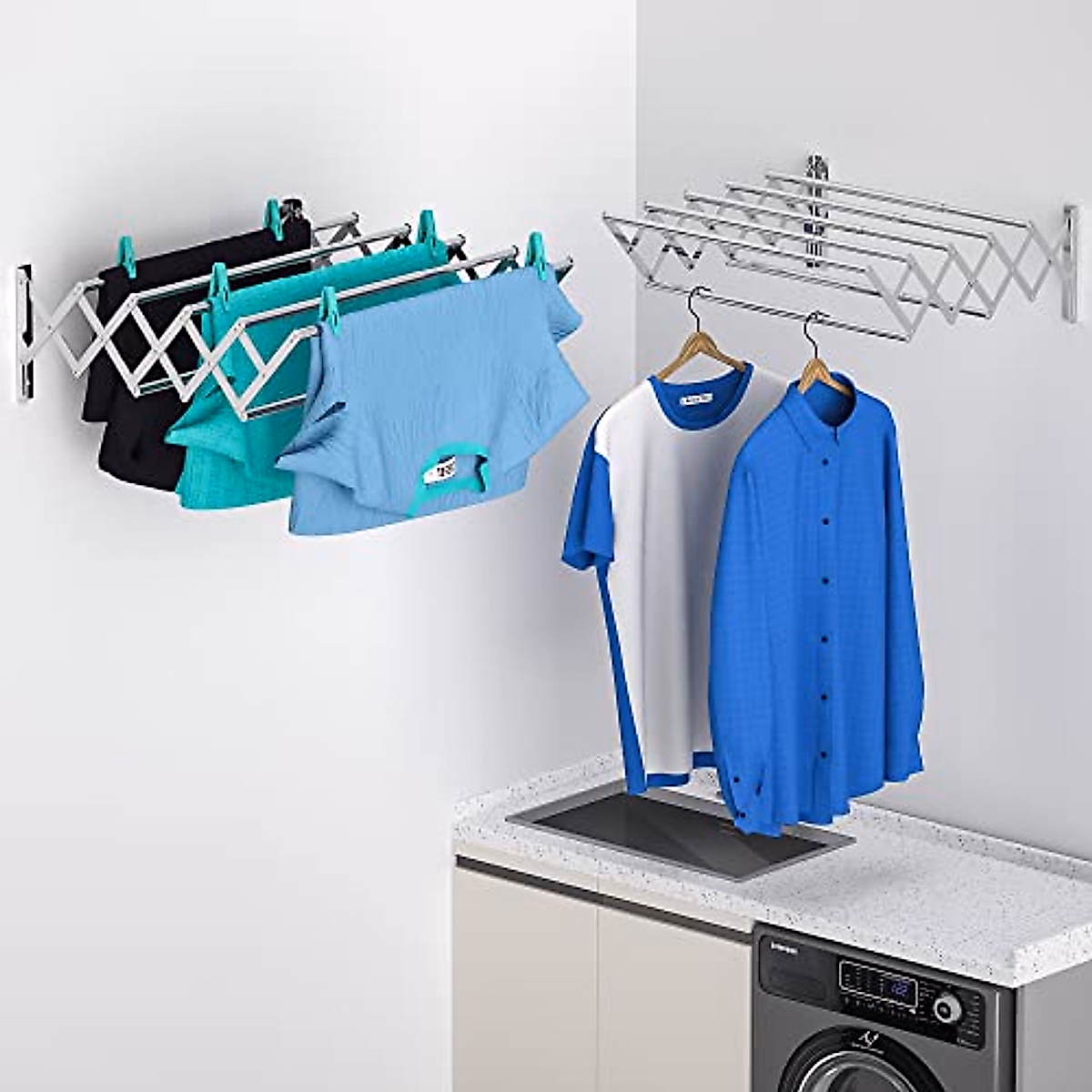 DOMPRO Wall Mounted Clothes Drying Rack Retractable Towel Rack Outdoor Stainless Steel 7 Towel Bar Compact Accordion Drying Rack Clothing for Bathroom/Laundry 110lb Capacity