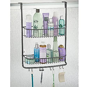 mDesign Extra Wide Stainless Steel Bath/Shower Over Door Caddy, Hanging Storage Organizer 2-Tier Rack with Hook and Basket, Holder for Soap, Shampoo, Loofah, Body Wash, Omni Collection, Graphite Gray