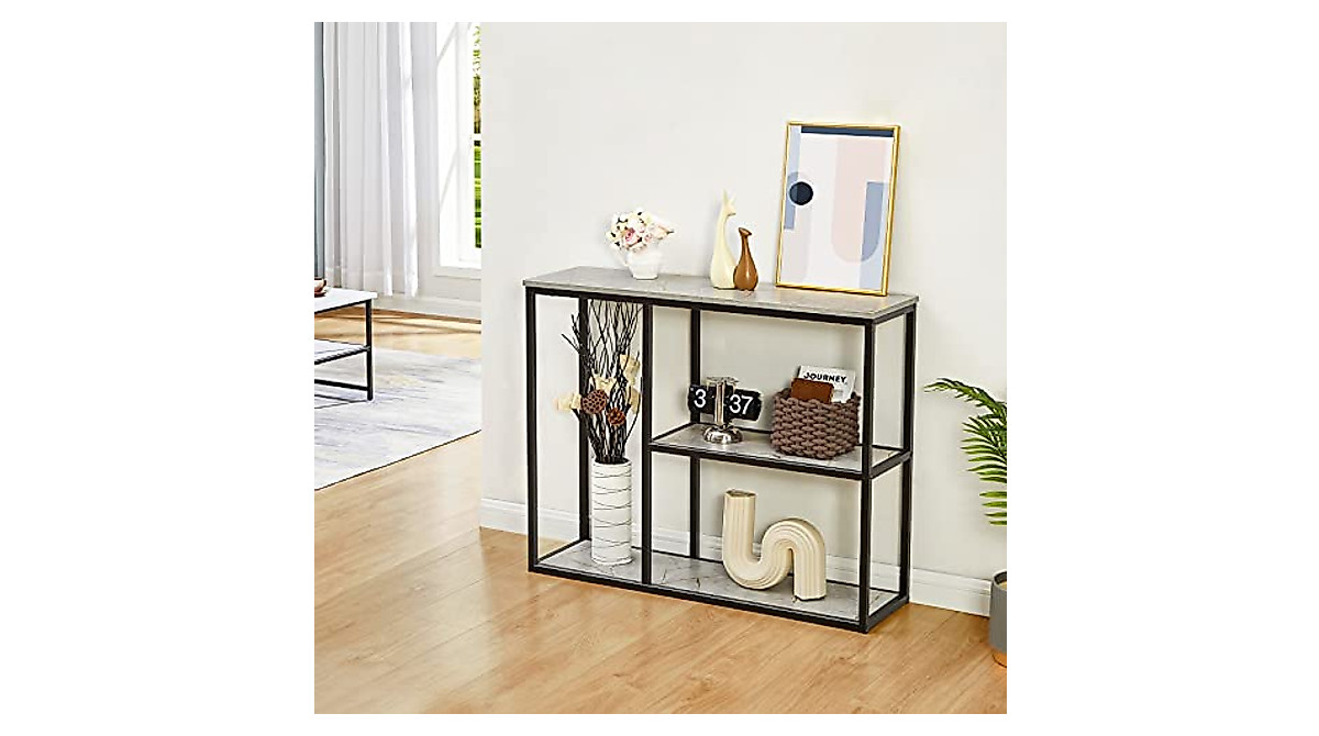 WOHOMO 40" Grey Marble Console Table - Slim 3-Tier Storage