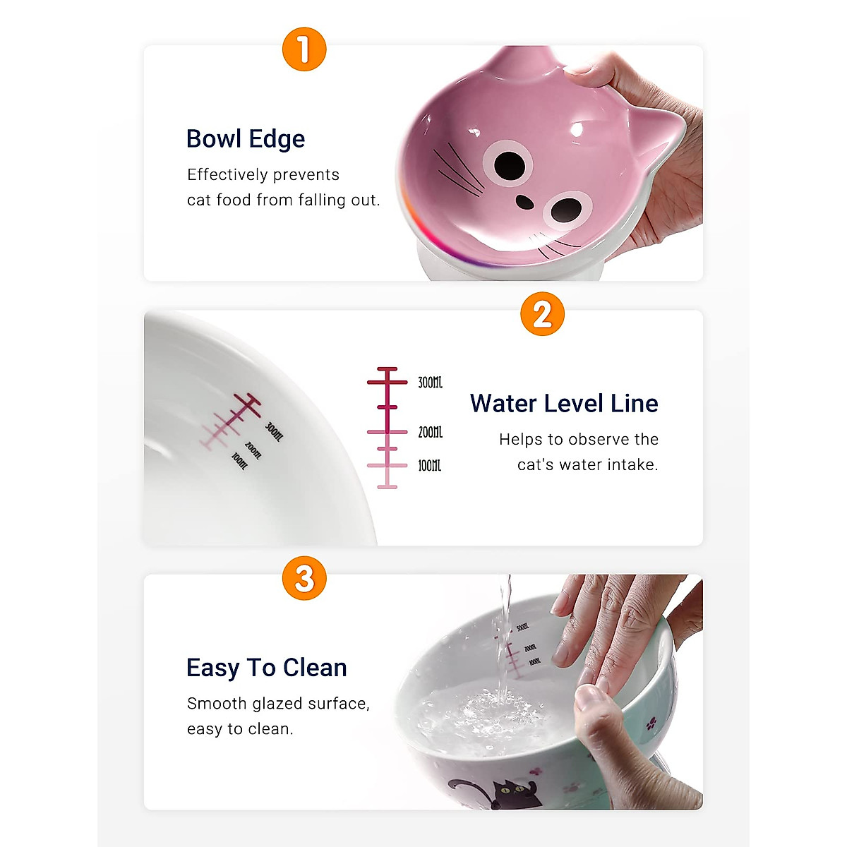 AISBUGUR Ceramic Cat Bowls Set of 2, Elevated 15 Tilted Design for Indoor Cats, Large Capacity, Easy to Clean, Non-Slip Base, Cute Pattern,Pink