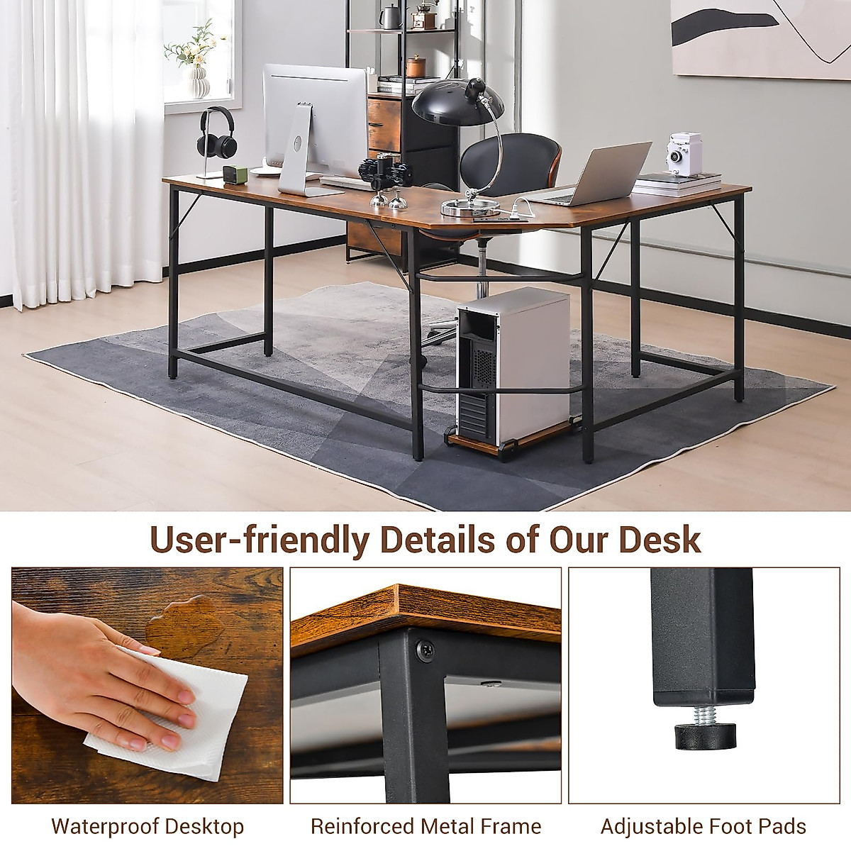 COSTWAY L-Shaped Desk with CPU Stand, 66 Inch Wooden Top Space-saving Corner Desk w/Metal Frame, Large Computer Gaming PC Desk, Writing Table Study Desk for Bedroom, Study, Office (Rustic Brown)