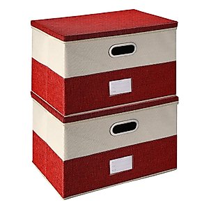 Fassave Foldable Storage Bins with Lids, 2 Packs Fabric Storage Container Basket Cube with Handles for Office, Bedroom, Closet (Medium-2 Pack, Beige&Red)