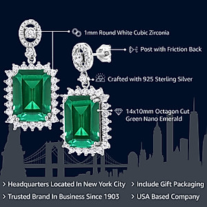 Gem Stone King 925 Sterling Silver Green Nano Emerald Dangle Earrings For Women (13.60 Cttw, Gemstone May Birthstone, Emerald Cut 14X10MM)