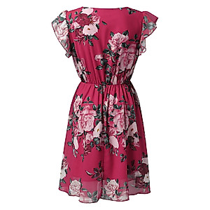 Womens Short Sleeve O Neck Summer Boho Elastic Waist A Line Floral Mini Dress Guest Wedding Dresses for Women Red