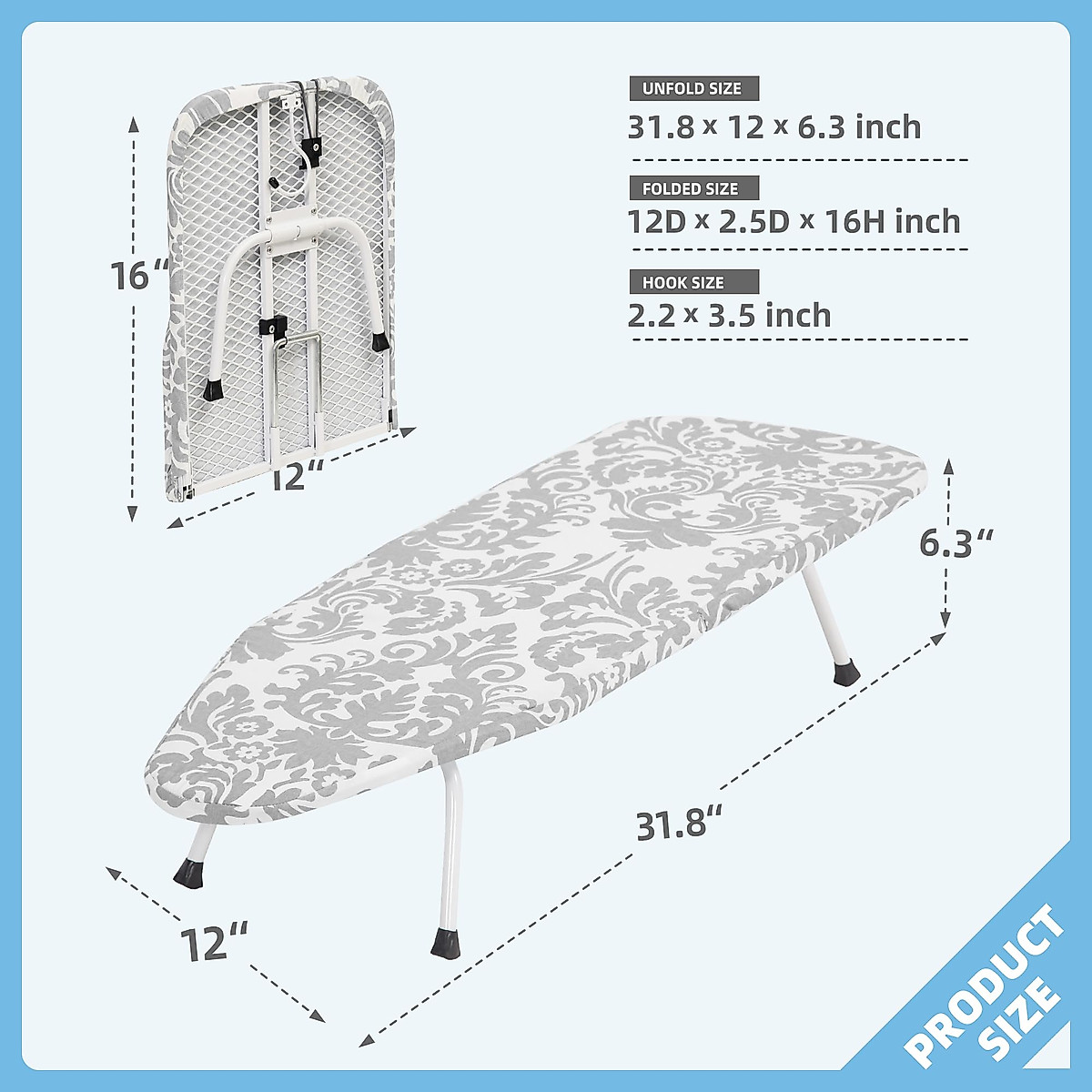 STORAGE MANIAC Tabletop Ironing Broad, All Iron Frame Mini Folding Ironing Broad with 2 Removable Cover, Portable Small Ironing Broad with 7 mm Thick Pad for Laundry Room, Dorms - Silver & Blue Flower