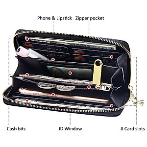 FEITH&FELLY Women RFID Blocking Wallet Embossed Genuine Leather Wristlet Clutch Purse Handbag