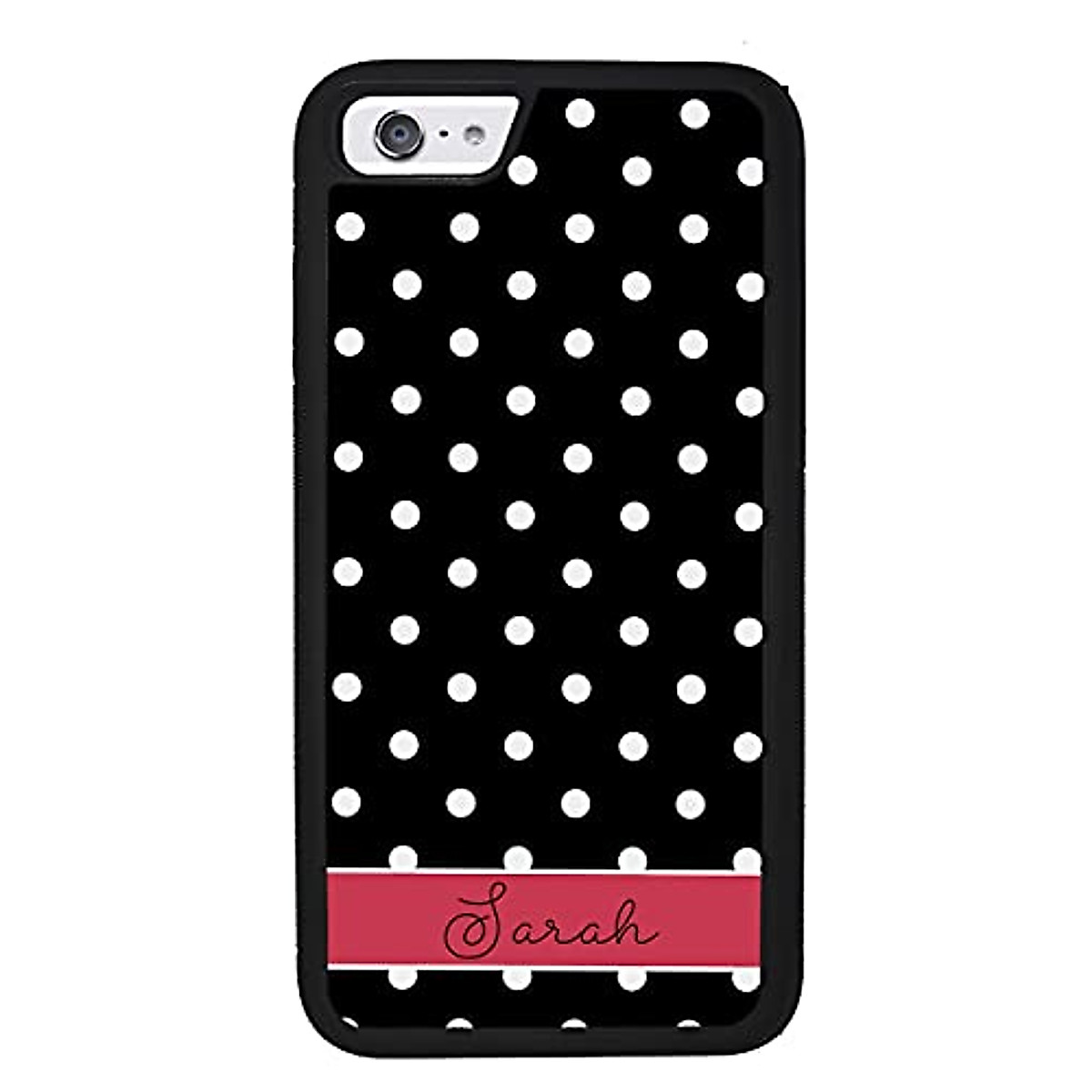 Polka Dot Black White and Red Personalized Apple iPhone Black Rubber Phone Case Compatible with iPhone 14 Pro Max, Pro, Max, iPhone 13 Pro Max Mini, 12 Pro Max Mini, 11 Pro Max X XS Max XR 8 7 Plus