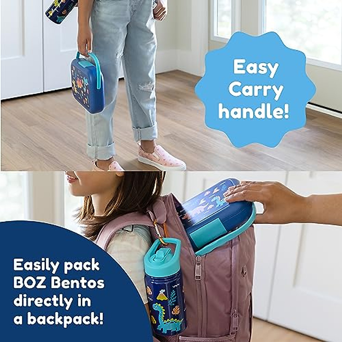 BOZ Bento Box for Kids - Kids Bento Lunch Box for Ages 3 to 7 – Toddler Lunch Box for Daycare – Leak Proof 4 Compartments Kids Lunch Container – Dishwasher Safe Kids Bento Box – Dinosaur Lunch Box