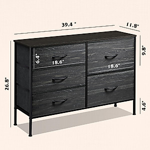 WLIVE Dresser for Bedroom with 5 Drawers, Wide Bedroom Dresser with Drawer Organizers, Chest of Drawers, Fabric Dresser for Living Room, Closet, Hallway, Charcoal Black Wood Grain Print