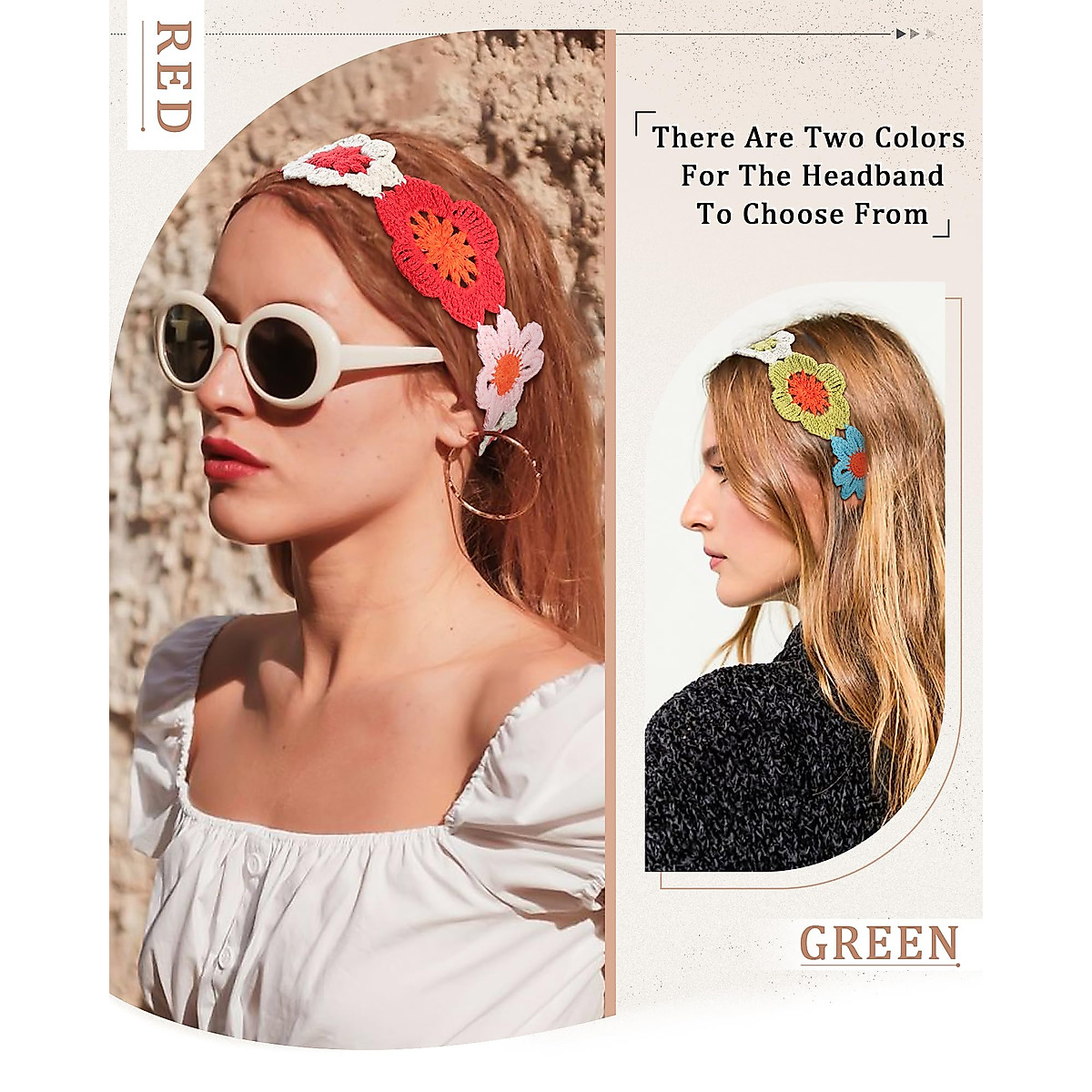 Ufgin HAIRBAND for Women - Handmade Crochet Headband, Adjustable Hippie Hair Bandanas, Boho Headbands, Knit Hair Bands - 2 Count (Red, Green)