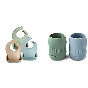 PandaEar Set of 3 Cute Silicone Baby Bibs & 2 Pack 100% Tiny Silicone Drinking Training Cup