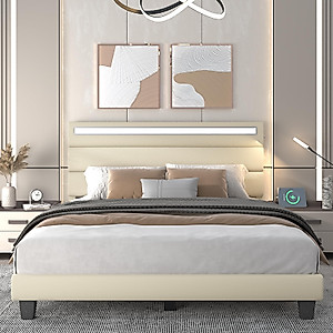 Kallabe King Size Bed Frame with LED Lights, Upholstered Bed Frame with Charging Station and Linen Fabric Tufted Headboard, Wood Slats Support, Noise-Free, Easy Assembly, No Box Spring Needed, Beige