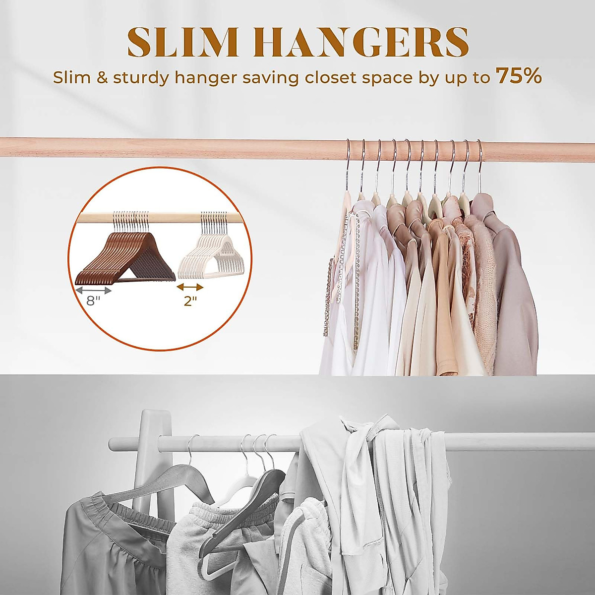 HOUSE DAY Velvet Hangers with Tie Bar 20 Pack Ivory, Clothes Hangers Non-Slip, Space Saving Felt Hangers for Pants, Coat, Suits, Shirt, Scarf, No Hanger Marks