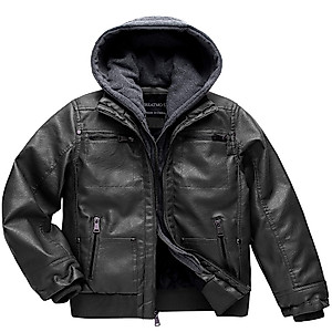 CREATMO US Boy Faux Leather Jacket Motorcycle Jacket Winter Jacket Zipper Flight Pleather Jacket Black 14/16