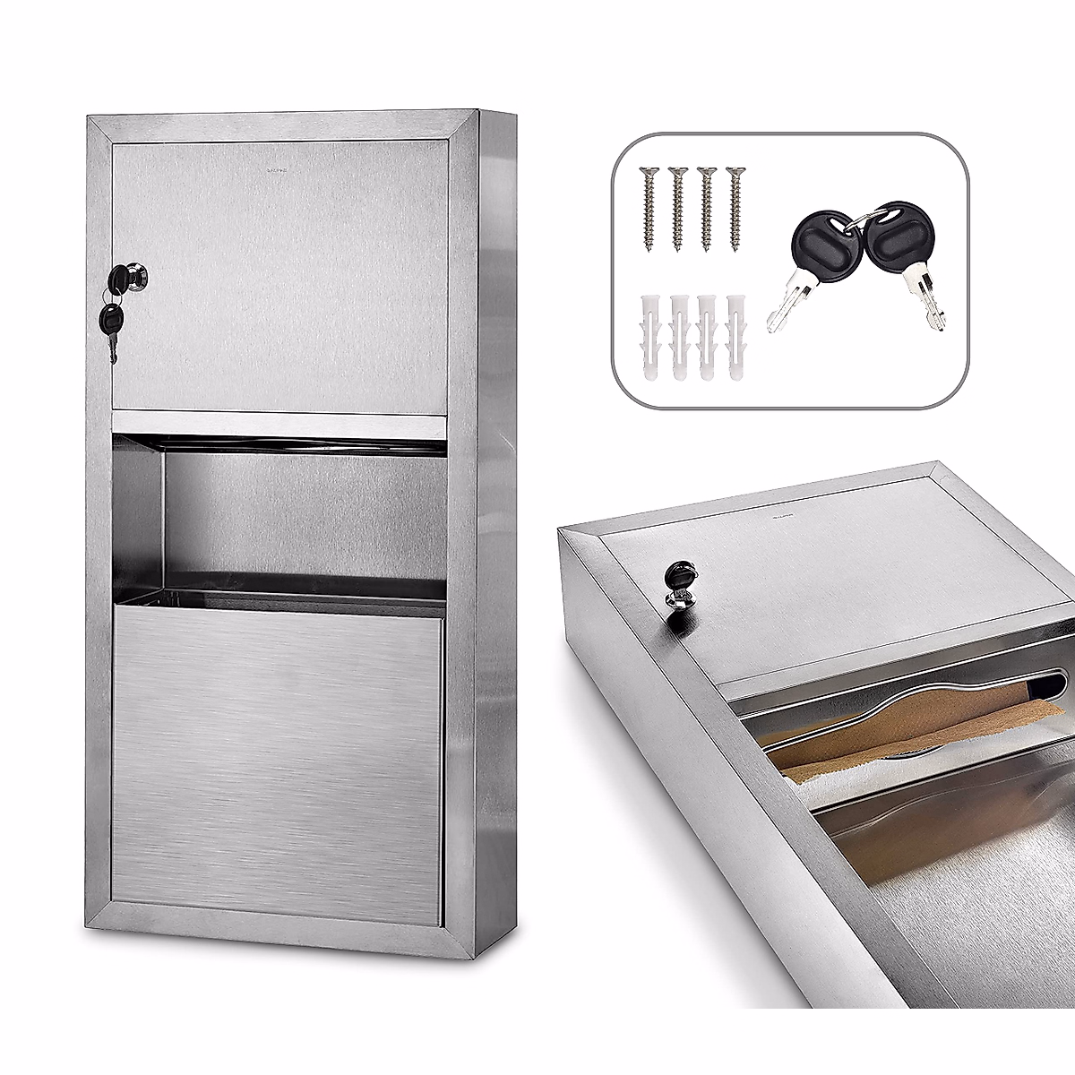 Alpine Commercial Paper Towel Dispenser and Waste Receptacle - Stainless Steel Toilet Paper Dispenser with Rounded Tray for 350 C-Fold or 475 Multifold Paper Towels (2-Gallon Capacity Trash Bin)