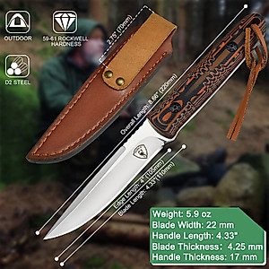 AUBEY Fixed Blade Hunting Knife, 4.52 inch D2 Steel Blade Survival Knife with Leather Sheath Wood Handle, Full Tang Camping Knife for Men Women