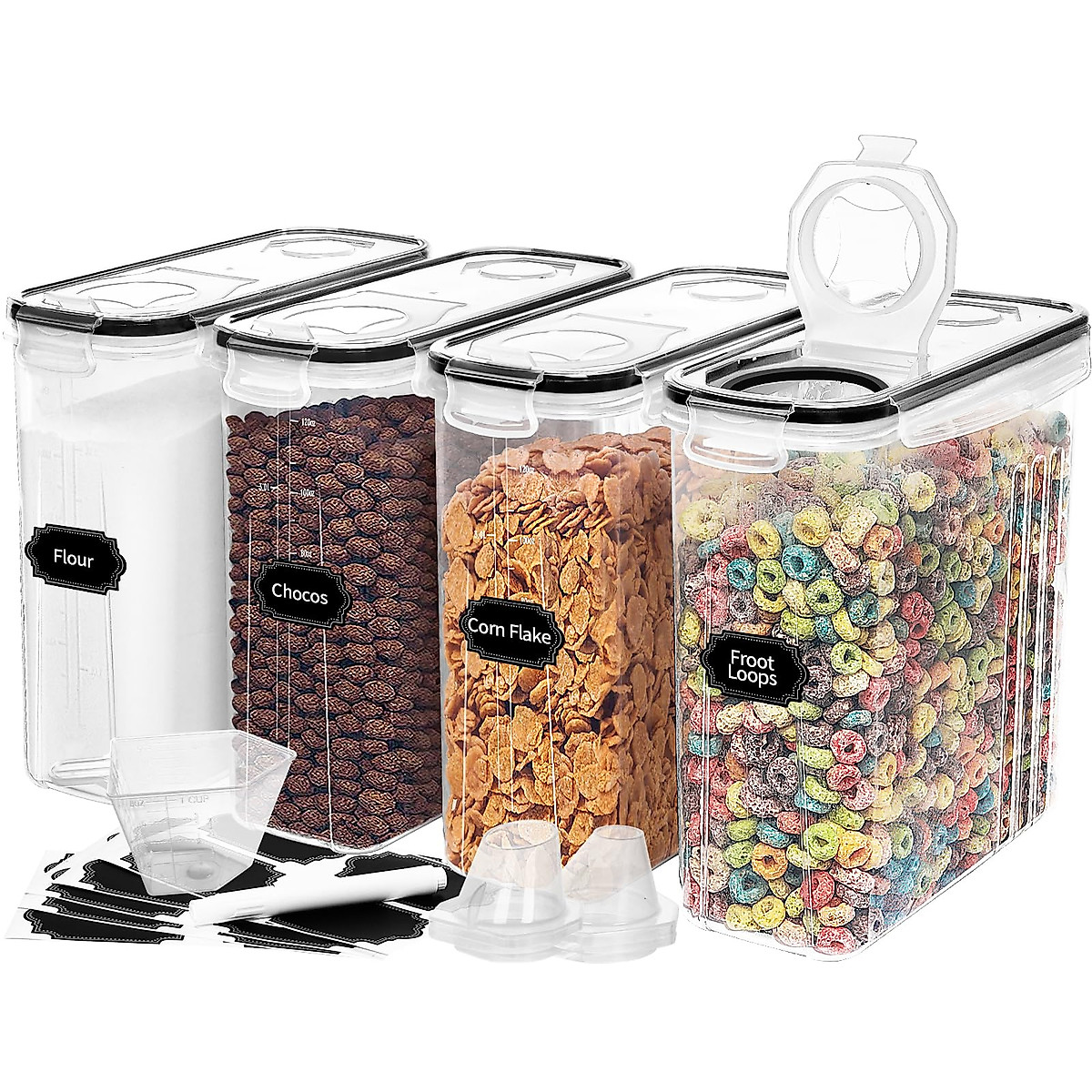 Skroam 4PCS Cereal Containers Storage [4L/135.2 oz], Airtight Food Storage Containers with Pour Spout for Kitchen & Pantry Organization Storage, Plastic Cereal Dispensers, Measuring Cup & 20 Labels