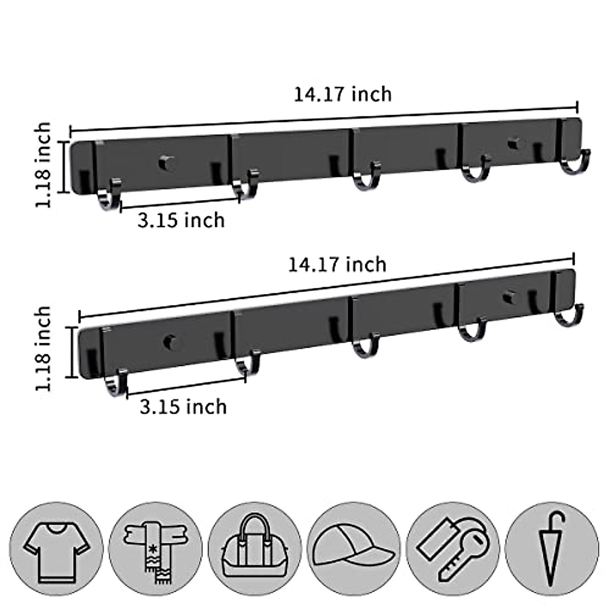 LEMONIDEA Wall Mounted Hook Rack 5 Hanging Hooks Entryway Kitchen Bathroom Storage Organizer Hanger for Coat Bag Hat Key Holder Set of 2