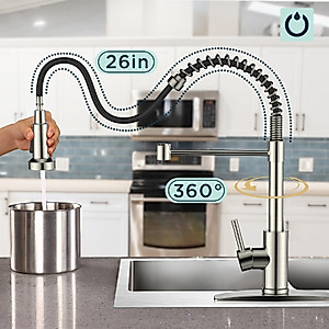 FORIOUS Kitchen Faucet with Pull Down Sprayer, Brushed Nickel Stainless Steel Kitchen Faucet, Utility Single Handle Spring Sink Faucets 1 or 3 Hole, Kitchen Faucets for Farmhouse Camper Laundry Rv Bar