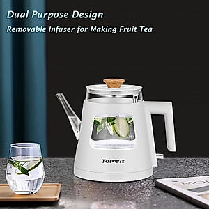 TOPWIT Electric Kettle, 1.0L Electric Tea Kettle with Removable Stainless Steel Infuser, BPA-Free Electric Glass Kettle with Window, Double Wall Water Warmer, Gooseneck Kettle, Auto-shut Off, White