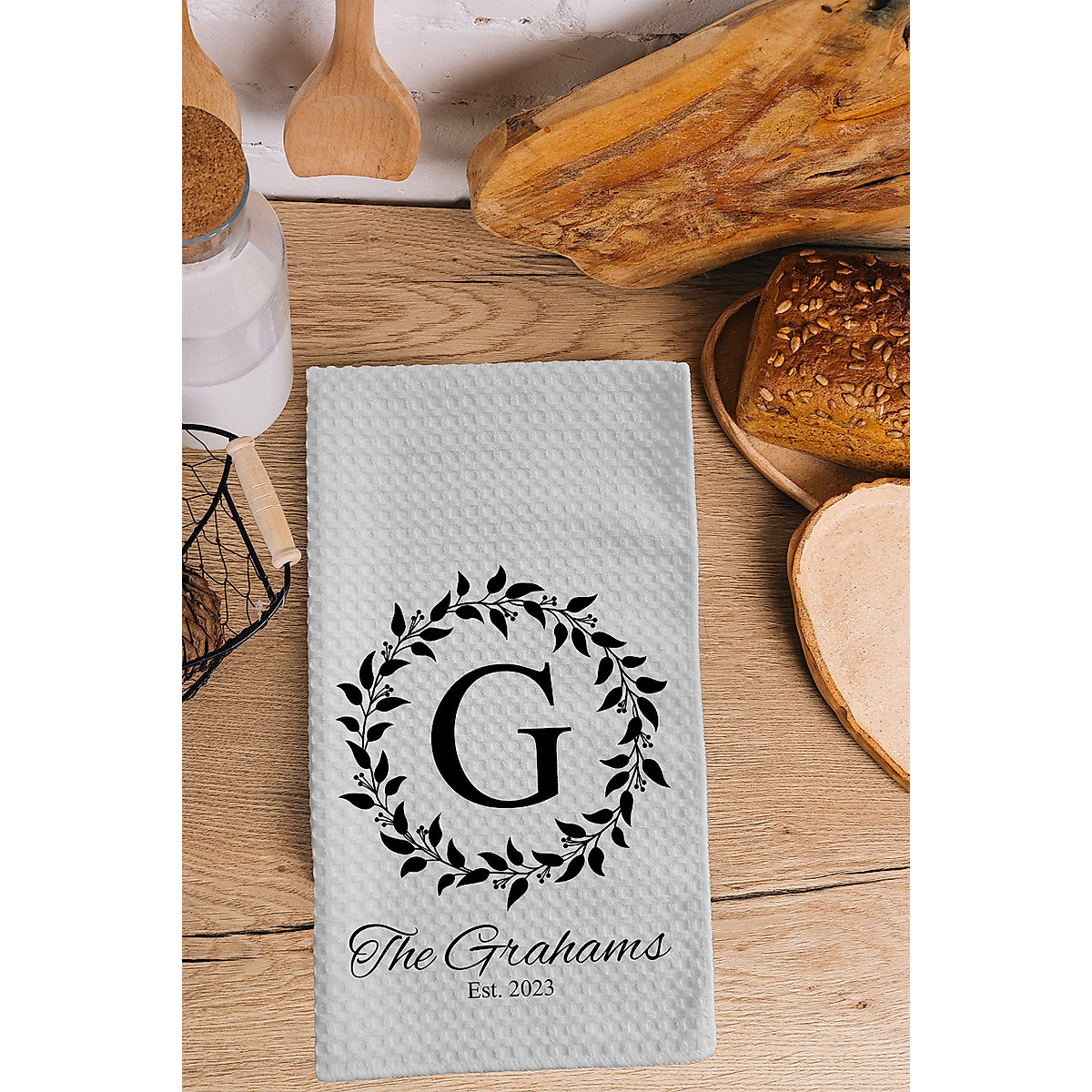 Personalized Kitchen Towel | Custom Tea Towel | Family Name Dish Towel | Kitchen Decor | Hand Towel | Housewarming Gift | Monogram Dishcloth (Wreath 1)