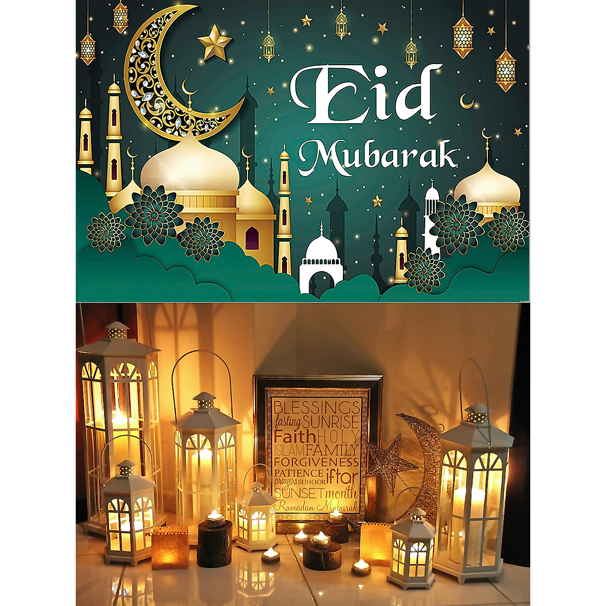 Ramadan Backdrop Decorations Eid Mubarak Banner Ramadan Photo Background for Home Indoor Outdoor Ramadan Party Decorations Supplies 70.8 x 47.2 Inch (Green)