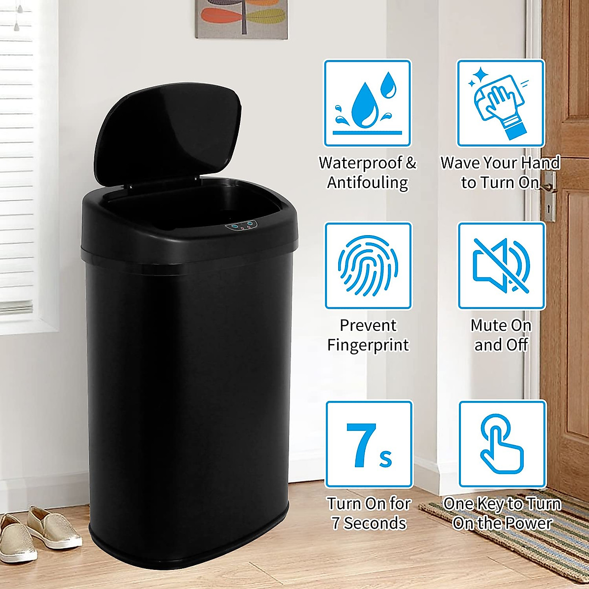 BLKMTY 13-Gallon Kitchen Trash Can 50L Stainless Steel Garbage Can Tall Automatic Trash Bin Touchfree Trash Cans Motion Sensor Garbage Bin Metal Waste Bin with Lid for Office Bathroom, Black