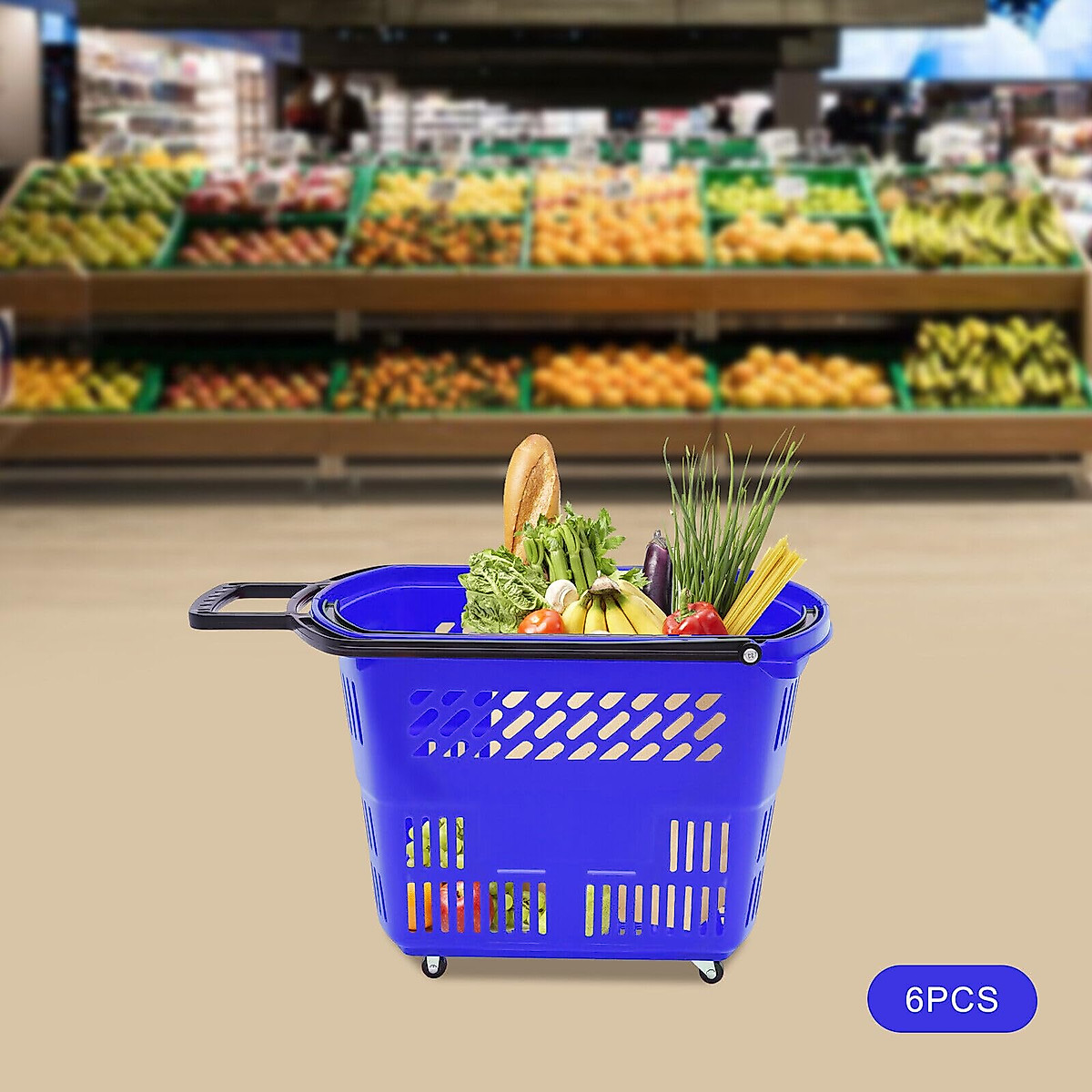 6PCS Shopping Carts, 35L w/Wheels and Handle, Shopping Basket Plastic Rolling Shopping Basket for Carrying and Storing Clothing Groceries (Blue)