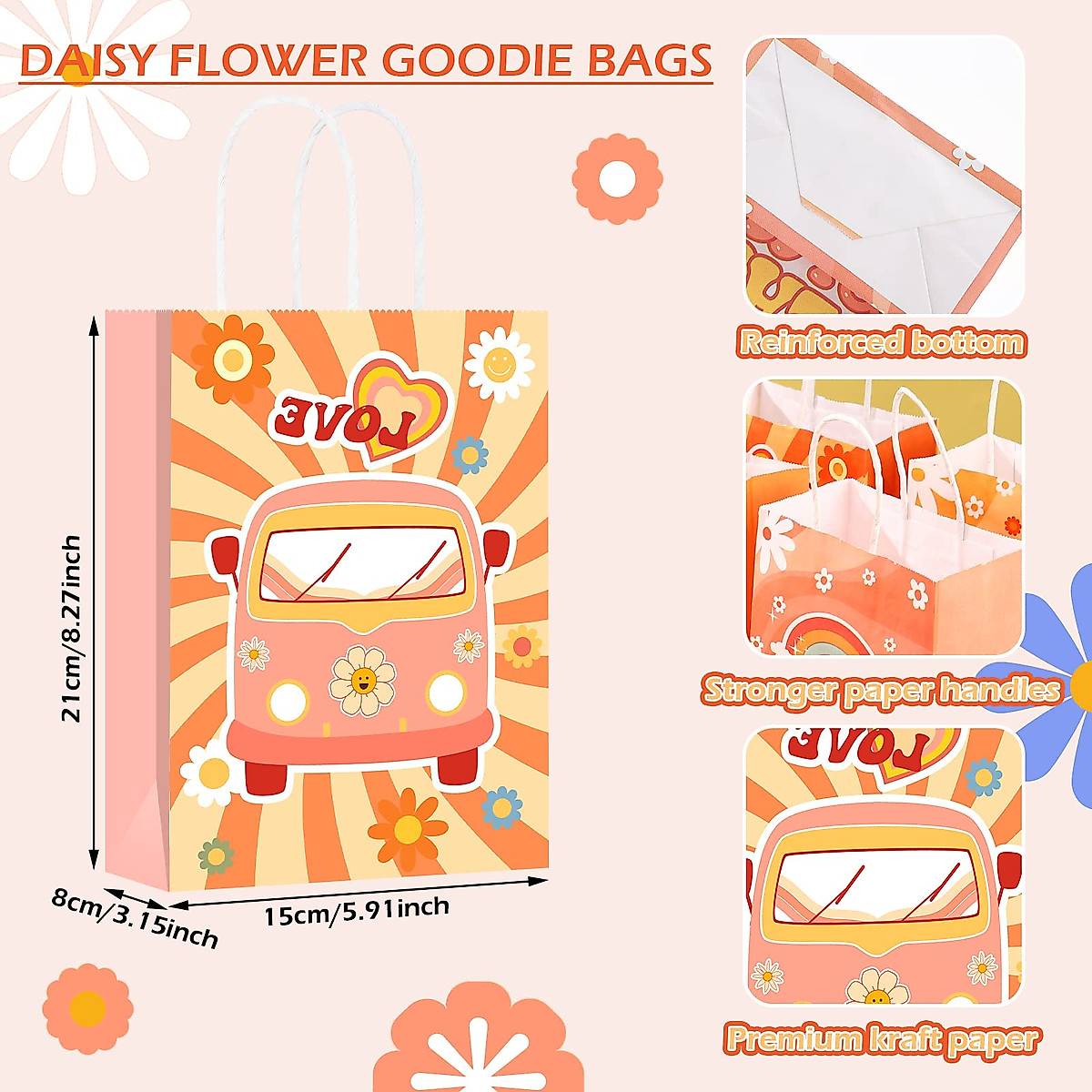 Glenmal 24 Pcs Groovy Party Favor Bags Two Groovy Retro Hippie Goodie Bags Stay Groovy Paper Gift Bags Daisy Flower Treat Bag with Handles for Girls 60's 70's Birthday Baby Shower Party Supplies