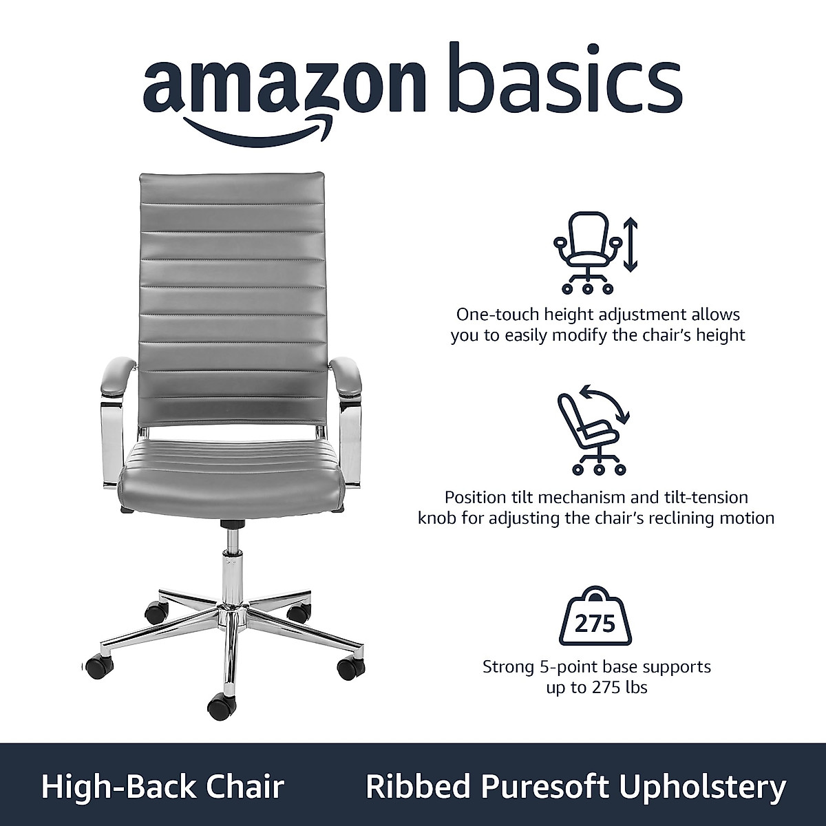 Amazon Basics High-Back Executive Swivel Office Desk Chair with Ribbed Puresoft Upholstery, Lumbar Support, Modern Style, 23.9"D x 24.69"W x 41.5"H, Generous Grey