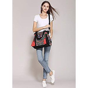 Embroidered Tassels Tote Shoulder Bag Casual Canvas Handbag Cross Body Bag