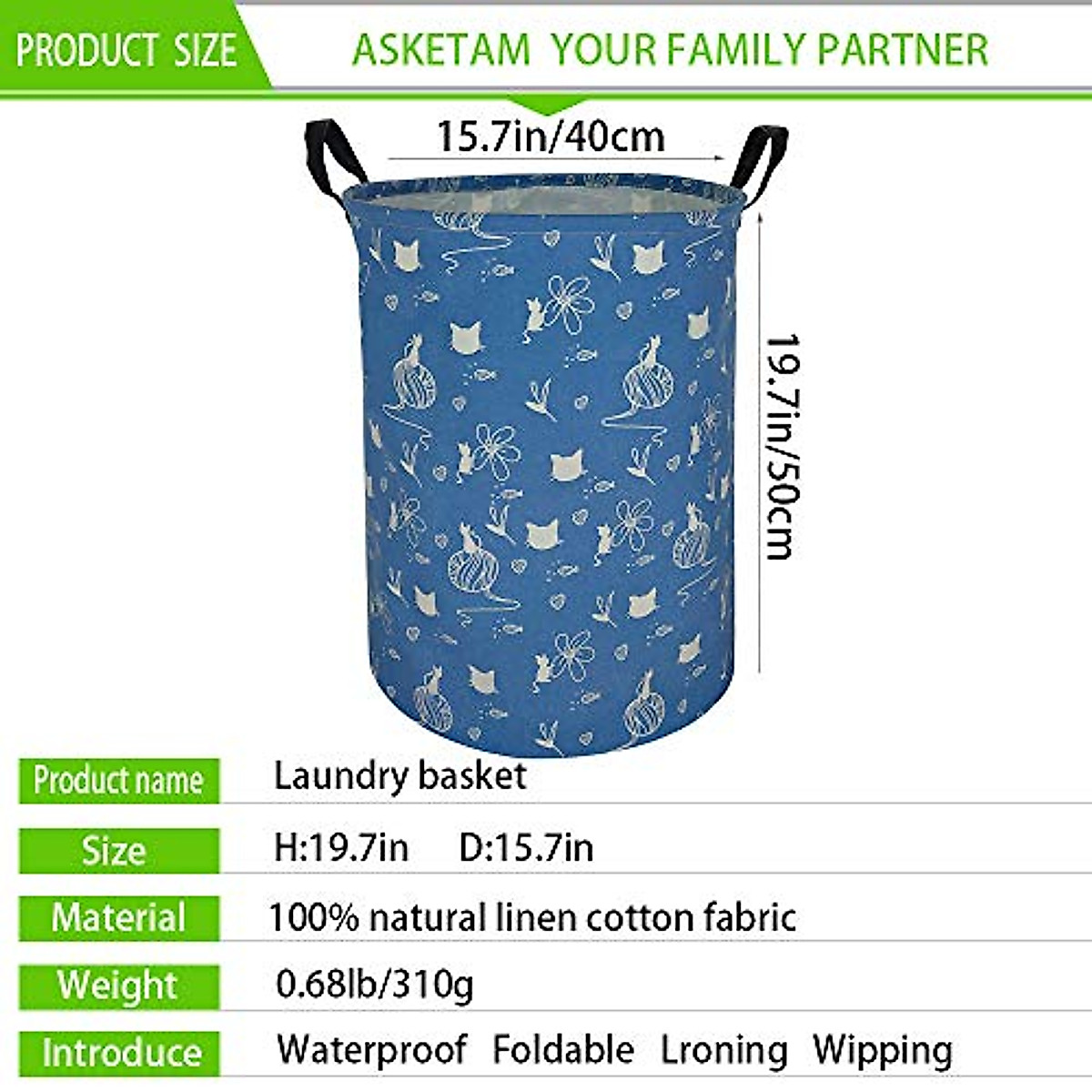 ASKETAM Fabric Laundry Basket Canvas Laundry Hamper for Dirty Clothes Toy Organizer Kid Nursery Room Decor Basket (Blue cat)
