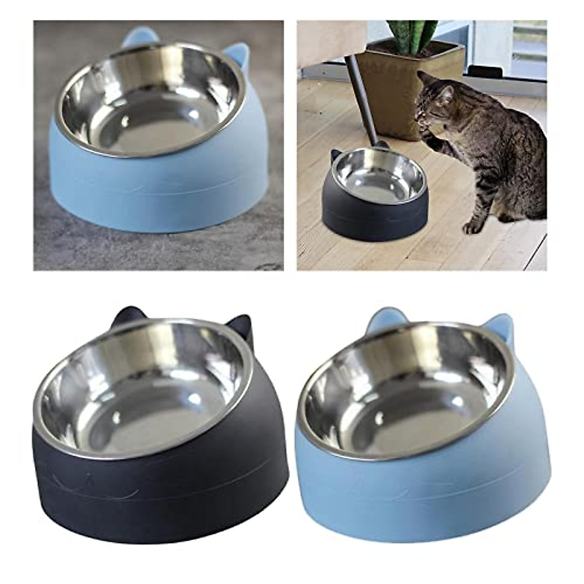 Baoblaze 2X Metal Raised Puppy Cat Dog Bowls Tilted Elevated Water Food Feeder Small Dogs Cats Pet Feeder , Blue Black