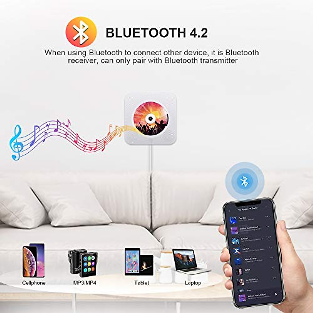 Portable CD Player with Bluetooth, Qoosea Wall Mountable CD Players Music Player Home Audio Boombox with Remote Control FM Radio Built-in HiFi Speakers LCD Display MP3 Headphone Jack AUX Input Output