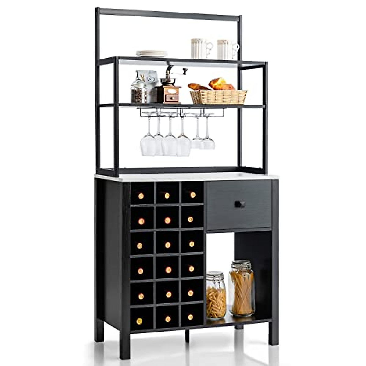 Giantex Sideboard with Hutch Shelf, Buffet Wine Cabinet, 18 Bottles Wood Wine Rack, 1 Drawer, Standing 4-Tier Bakers Rack with Glass Holder, Kitchen Microwave Stand Living Room Black
