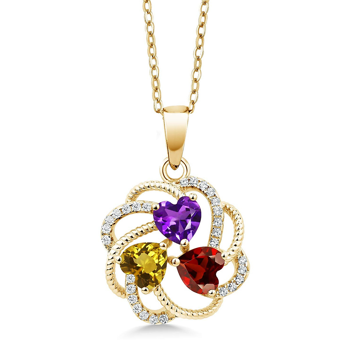 Gem Stone King 18K Yellow Gold Plated Silver Yellow Gold Plated Build Your Own Personalized 3 Heart Shape Birthstone Flower Women's Mothers Family Blossom Couple Pendant