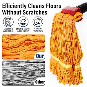 Looped-End String Wet Mop, Heavy Duty Commercial Industrial Dust Mop with 45 inch Stainless Steel Pole, 2 Replacement Floor Mop Heads for Floor, Hardwood, Laminate, Tiles Cleaning (Blue&Orange)