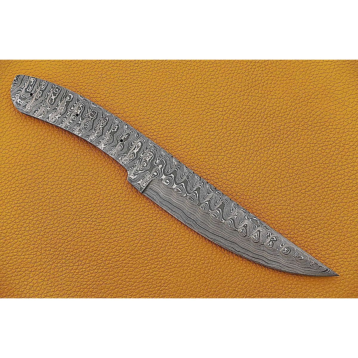 Knife Making, Damascus Steel Blank Blade 11 inches Long Hand Forged Trailing Point Skinning Knife, Hunting Knife with 3 Pin Hole, 6 inches Cutting Edge, 4.5" Scale Space
