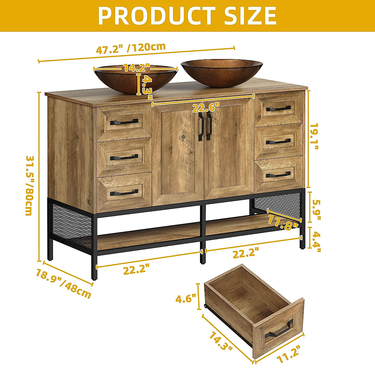 DWVO 48" Double Rustic Bathroom Vanity, Dark Brown Bathroom Vanity with Double Sink and Drawers Side Cabinet Combo Set & Shelf, Iron Wood Bathroom Cabinet with Boat Tempered Glass Vessel Sink
