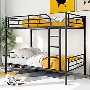 Merax Bunk Bed with Ladder and high Guardrail, Able to Split, Metal Bunk Bed, Storage Space, Noise Free,Twin Over Twin Size Bunk Bed,Black