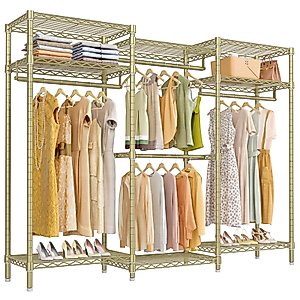 VIPEK V5i Garment Rack Heavy Duty Clothes Rack, Portable Closet Wardrobe Bedroom Armoires Freestanding Clothing Rack with 8 Adjustable Shelves & 4 Hang Rods, 68.9" L x 15.7" W x 76.4" H, Gold