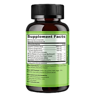 NATURELO Turmeric Curcumin - BioPerine for Better Absorption - Curcuminoids, Black Pepper, Ginger Powder - Plant-Based Joint Support - 120 Vegan Capsules