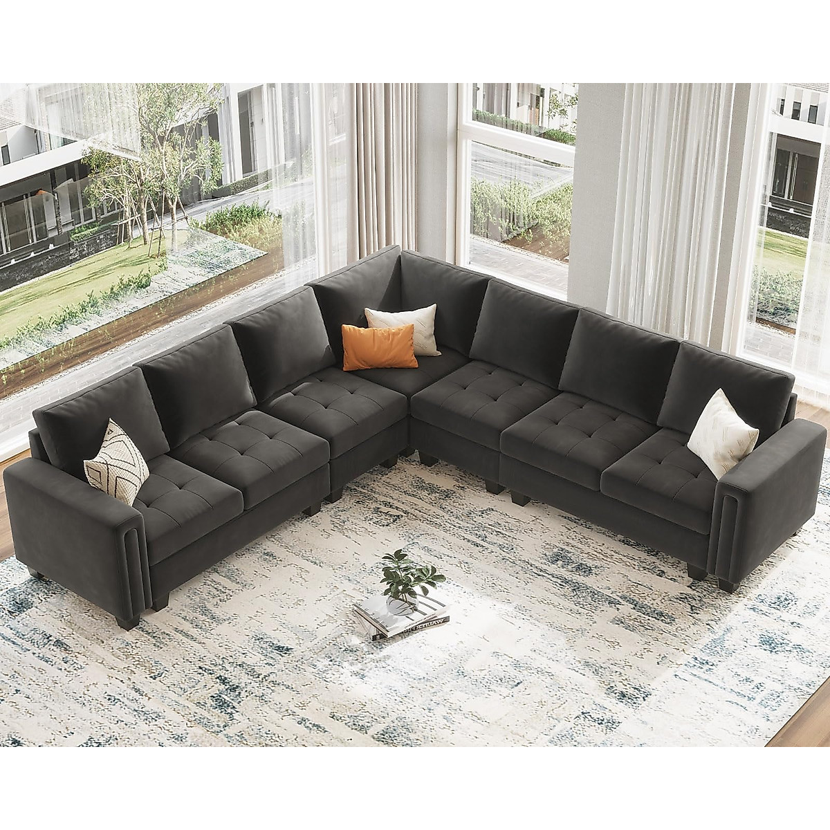 Belffin Modular Velvet Sectional L Shape Sofa Couch Oversized Convertible Sectional Sofa Couch with Reversible Chaise for Living Room Grey