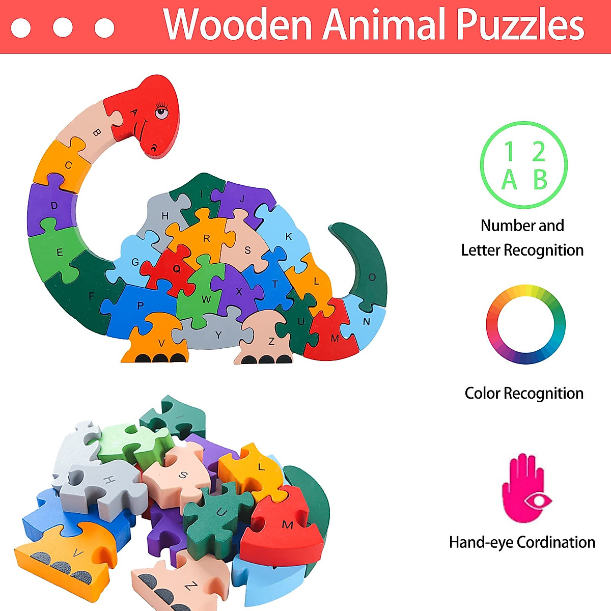 LovesTown 2 PCS Wooden Animal Puzzles, Alphabet Building Blocks for Kids, Preschool Letters and Numbers Puzzles, ABC Animal Puzzle for Toddlers