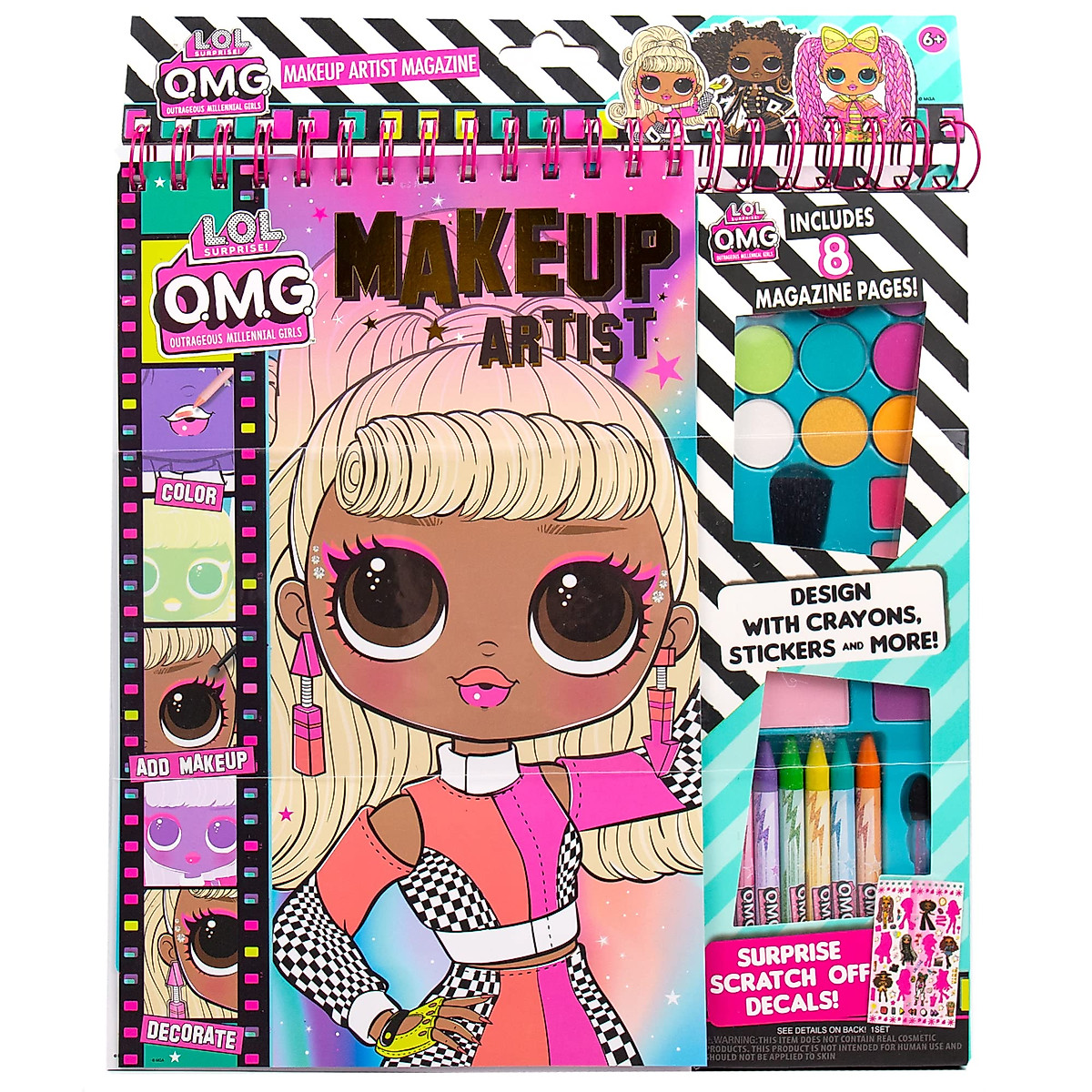 Horizon Group USA L.O.L. Surprise! O.M.G. Make-Up Artist Magazine, Double Feature Series, Includes Spiral-Bound Make-Up Sketchbook, Crayons, Stickers, Surprise Scratch Reveal Stickers & More