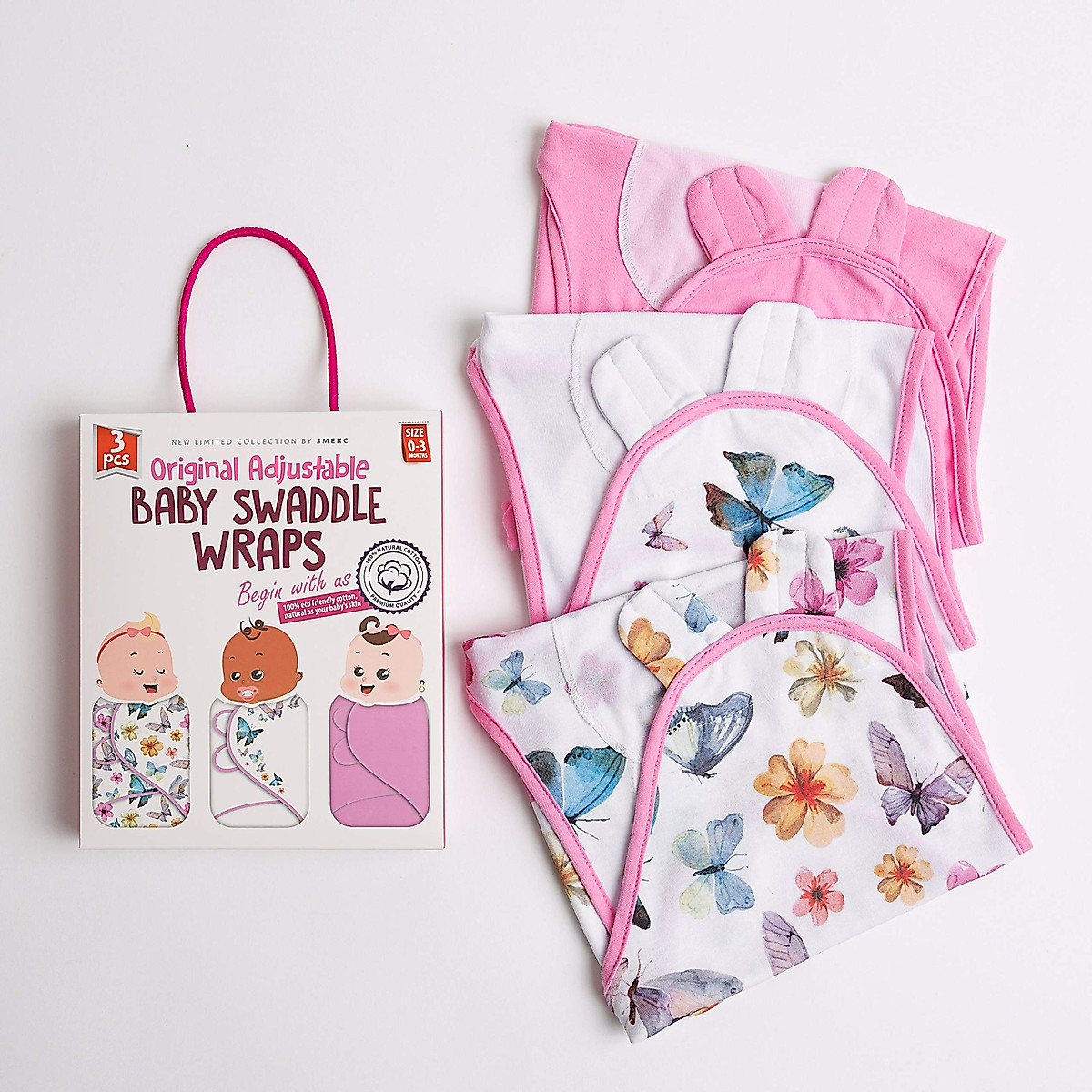 Baby Swaddle Blanket for Newborn Girl, 0-3 Months Small/Medium, 3 pcs Infant Swaddle Sack in a Gift Box, 100% Cotton Adjustable Swaddle Wrap, Pink