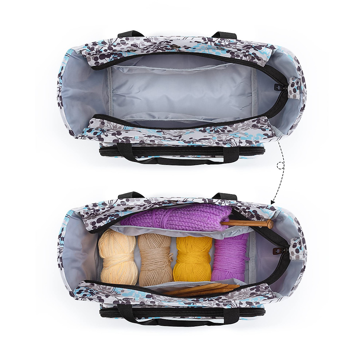 CURMIO Knitting Tote Bag, Yarn Storage Bag with Pockets for Crochet Hooks, Knitting Needles, Knitting Project and Accessories, Dandelion (Bag Only, Patented Design)