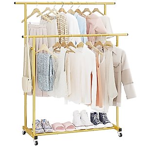 Calmootey Double Rod Clothing Garment Rack,Rolling Hanging Clothes Rack,Portable Clothes Organizer for Bedroom,Living Room,Clothing Store,Gold