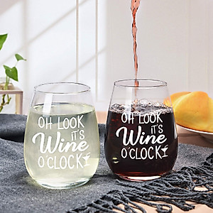 Futtumy Oh Look It's Wine O’clock Stemless Wine Glass, Wine Gifts for Women Men Friends Her Him Coworkers Wine Lovers Congratulation Birthday Christmas, 15Oz Wine Glass with Funny Words