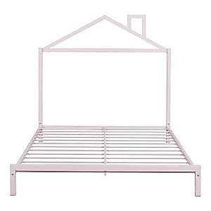 Bellemave Metal Full Bed for Kids, Girls Bed with House Shaped Headboard and Chiminey, Low Bed Frame with and Slats,Pink Bed Frame Full Size,No Box Spring Needed, Easy Assembly